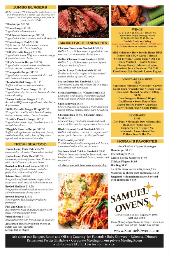 Dinner Menu - Samuel Owens Restaurant & Bar - Coplay, PA - (610-262-2860)
