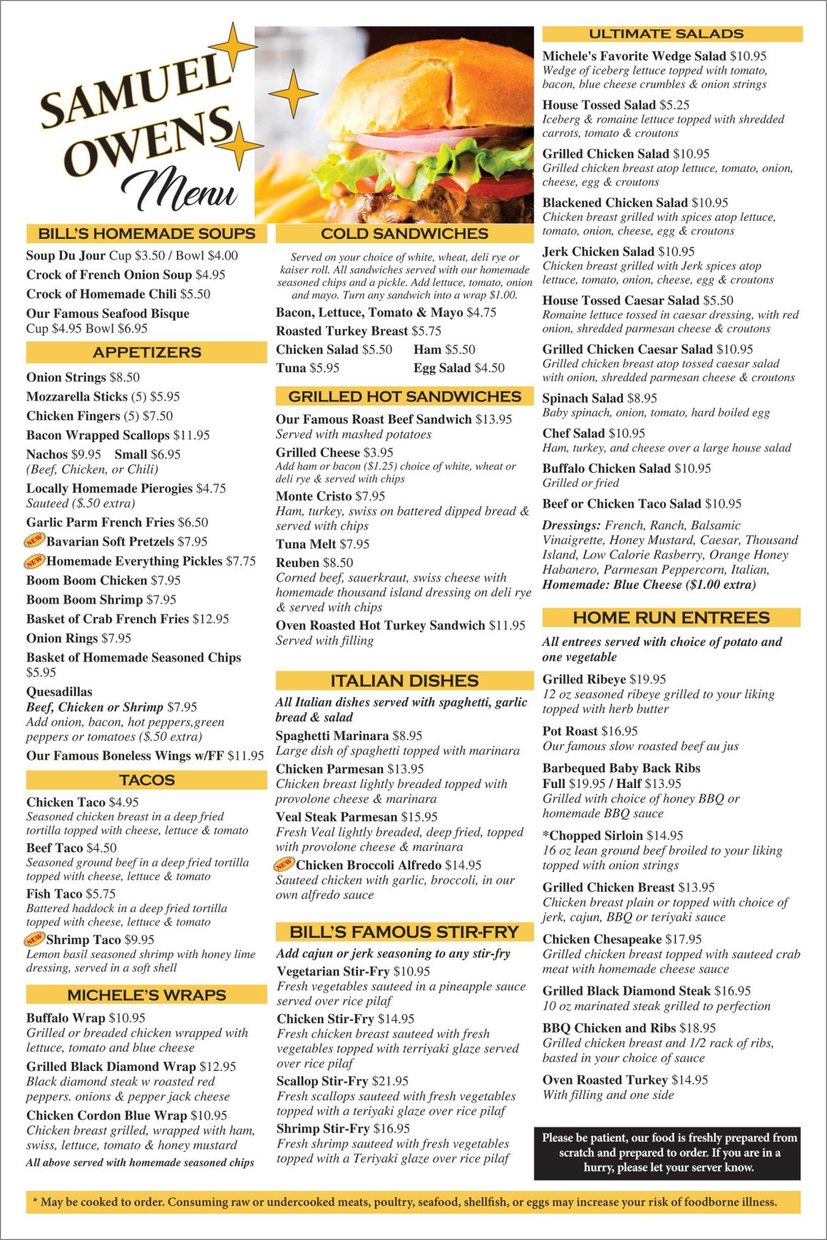 Dinner Menu Samuel Owens Restaurant Bar Coplay PA 610 262 2860 