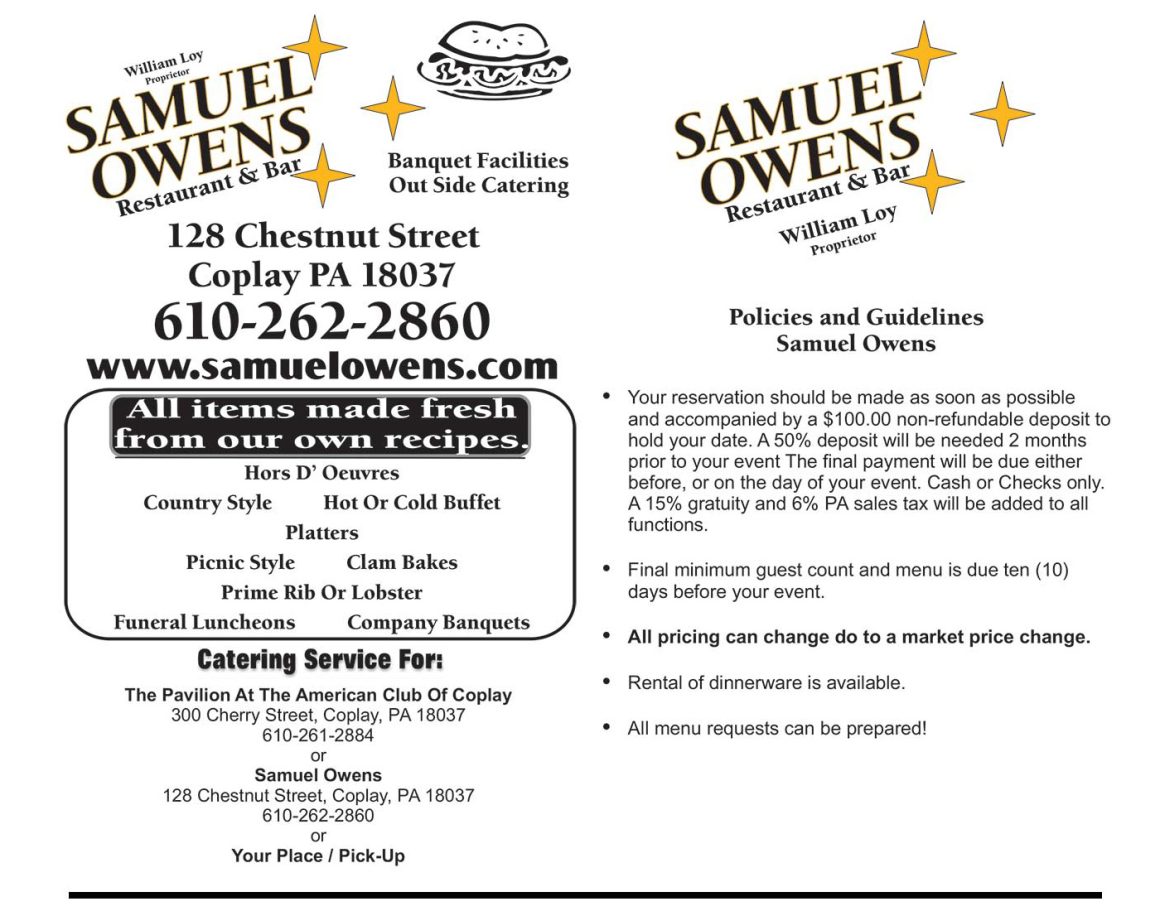 Catering Menu - Samuel Owens Restaurant & Bar - Coplay, PA - (610-262-2860)